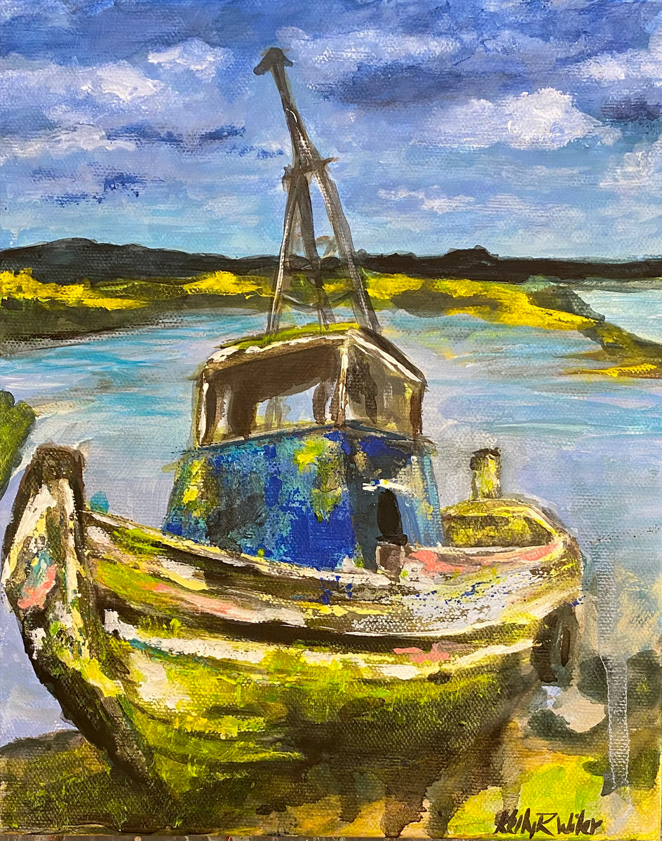Decrepit Mossy Boat Original Painting – Girl UPcycled